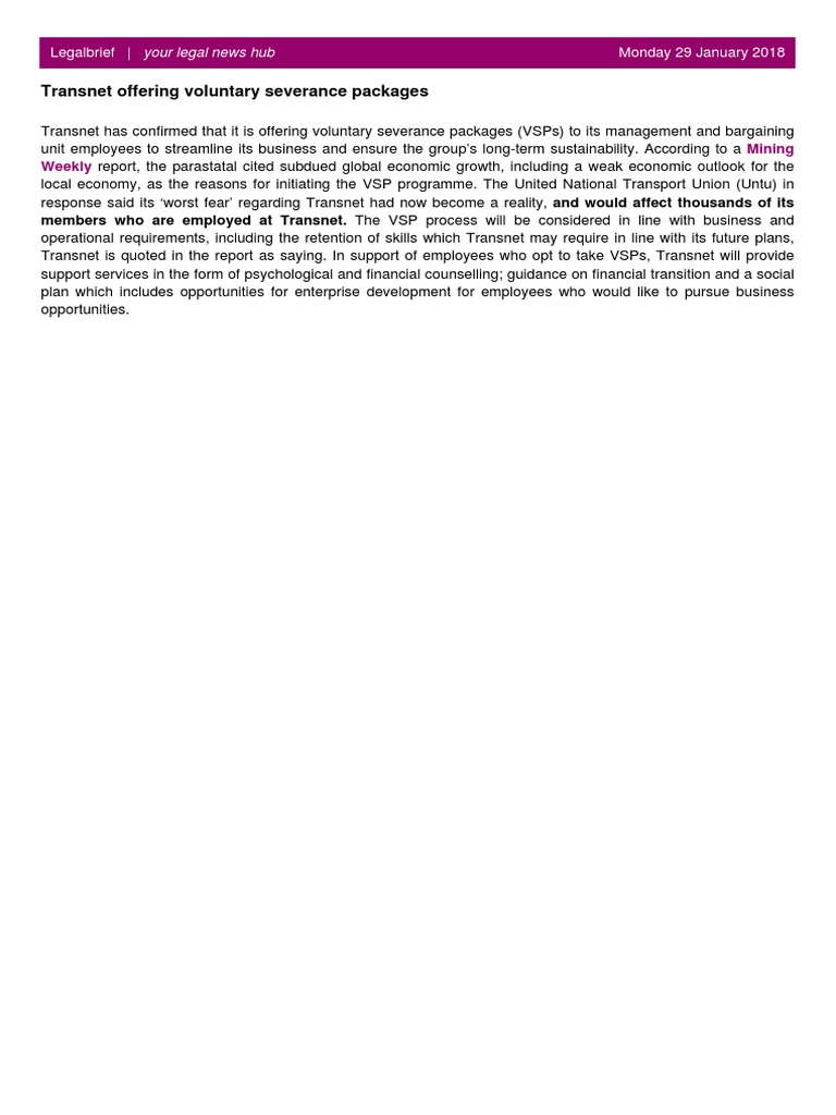 Transnet Offering Voluntary Severance Packages: Mining Weekly | PDF