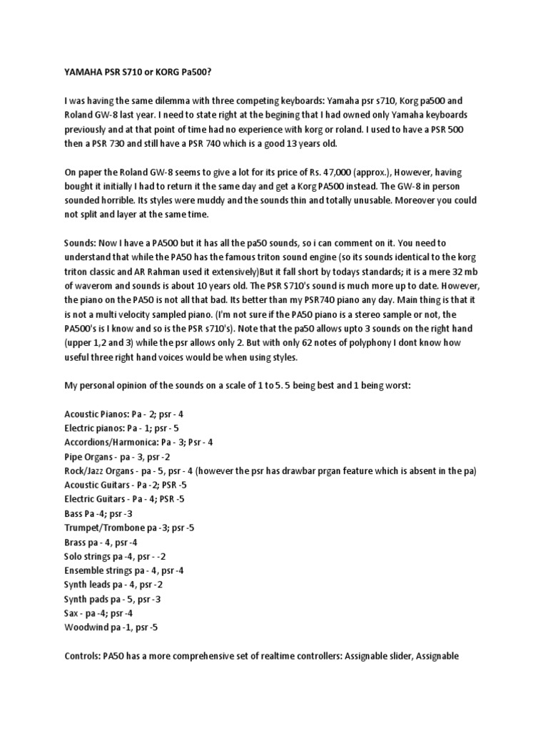 Yamaha PSR s710 or Korg Pa500 | PDF | Organ (Music) | Synthesizer