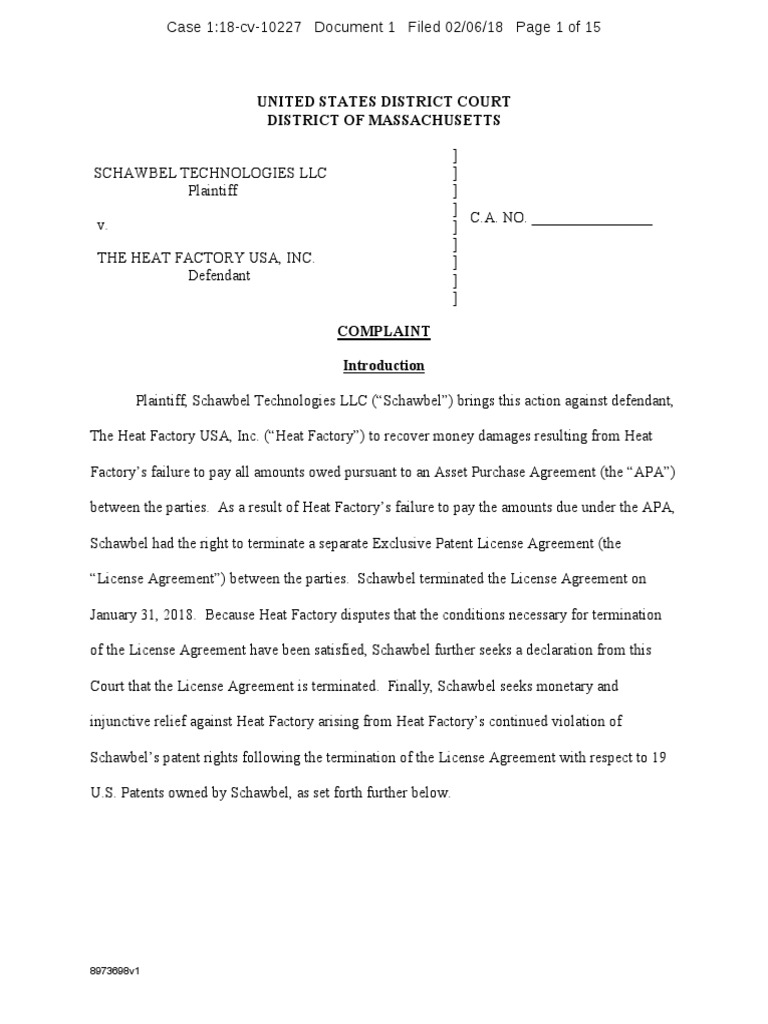 Schawbel Technologies v. The Heat Factory - Complaint | PDF | Complaint ...