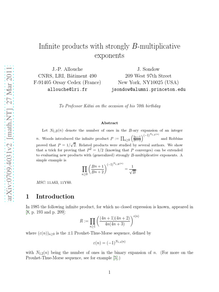 Infinite Products With Strongly B-Multiplicative Exponents | PDF | Logarithm | Integer