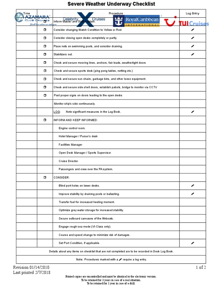 Severe Weather Underway Checklist | PDF | Swimming Pool | Ships
