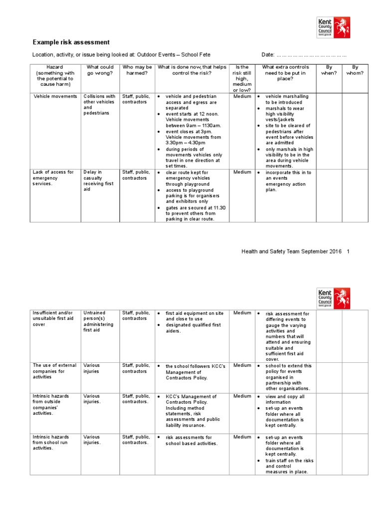 Example Risk Assessment for Outdoor Events | Occupational Safety And ...