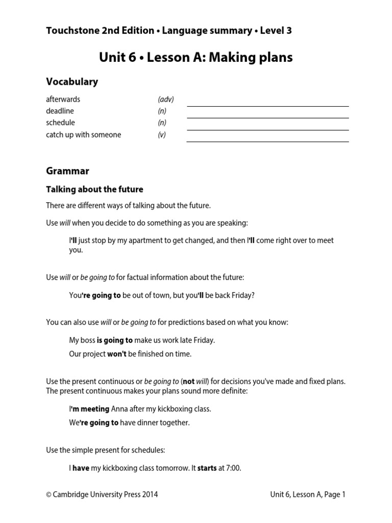 Unit 6 - Lesson A: Making Plans: Touchstone 2nd Edition - Language ...