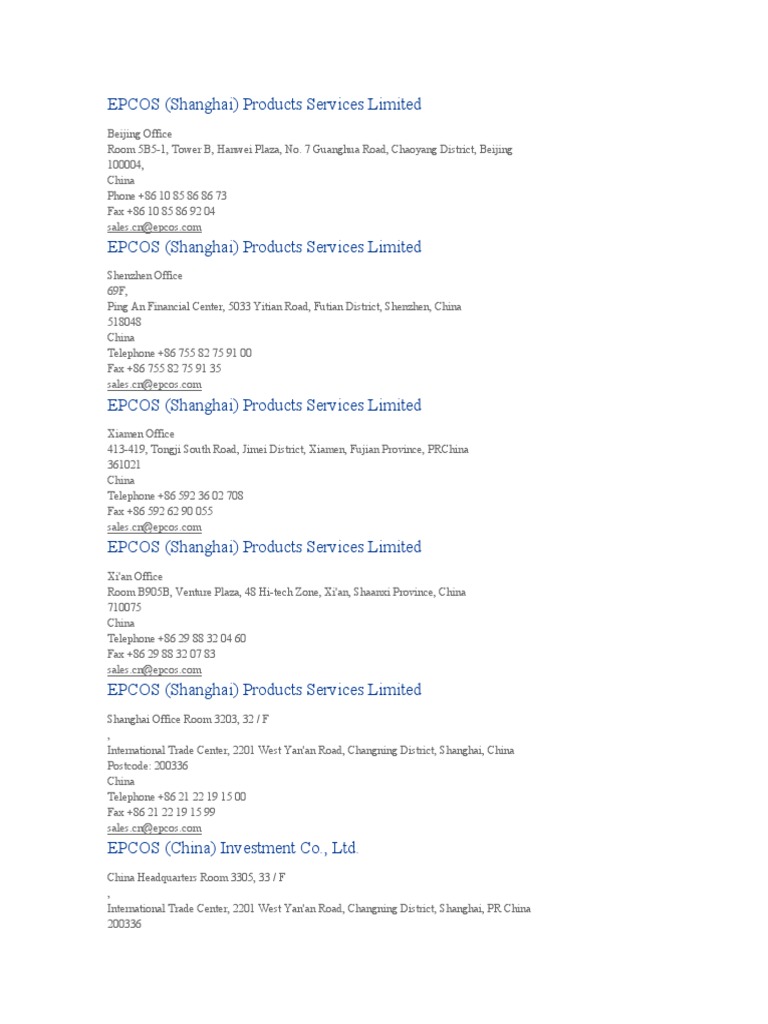 EPCOS China Office Locations and Contacts | PDF | Business | Computers