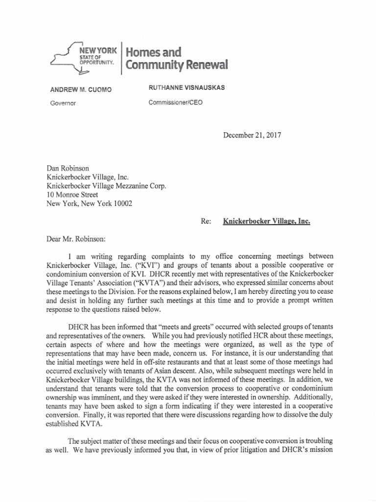 DHCR Letter - Knickerbocker Village | PDF