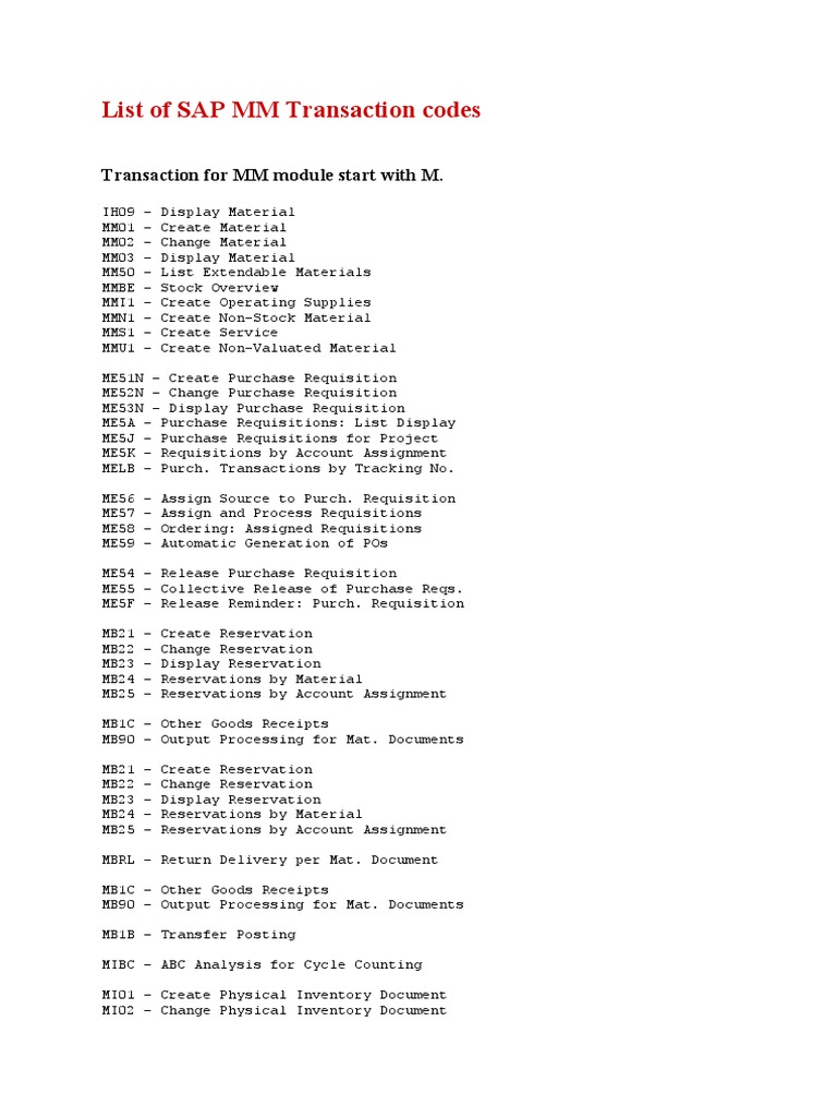 List of SAP MM Transaction Codes | PDF | Service Industries ...