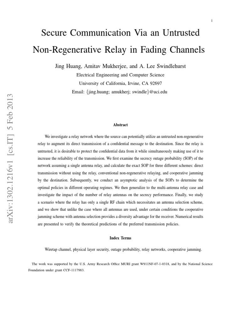 Secure Communication Via An Untrusted Non-Regenerative Relay in Fading Channels | PDF | Antenna ...