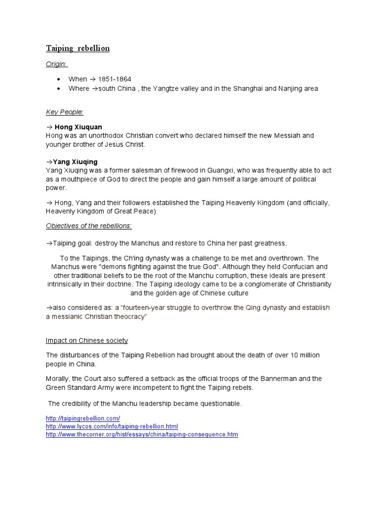 Taiping Rebellion: Goals and Impact | PDF | Politics | Religion ...