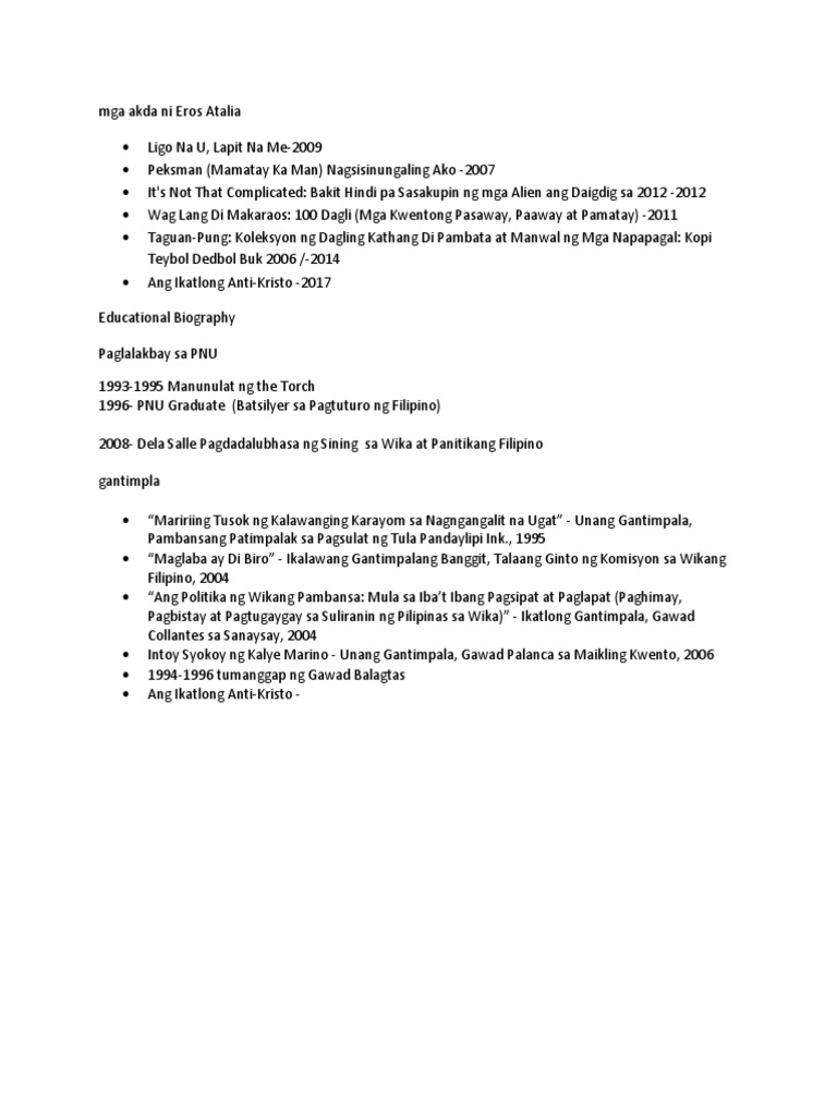 Mga Akda Ni Eros Atalia | PDF
