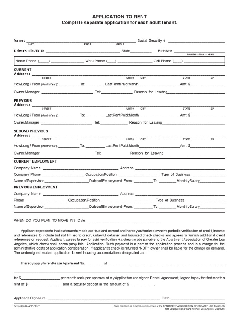 Application To Rent Complete Separate Application For Each Adult Tenant ...
