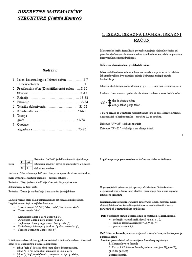 DISKRETNE MATEMATICKE STRUKTURE - Natasa Kontrec (1296) | PDF