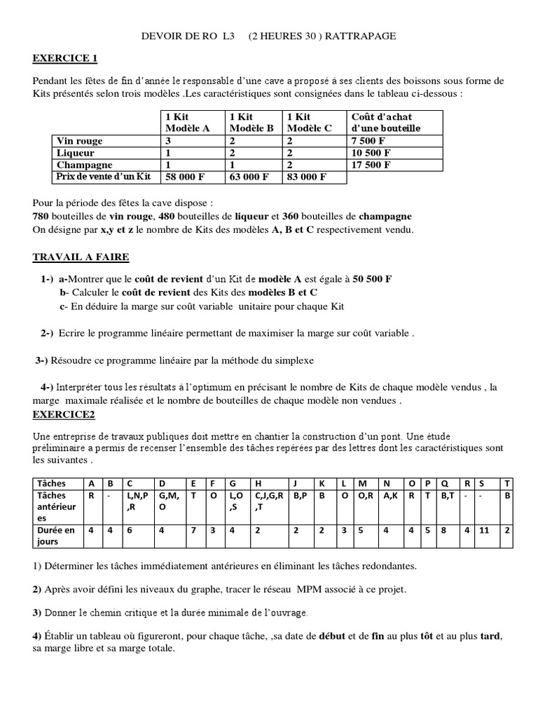 Devoir de Recherche Operationnelle l3 Rattrapage | PDF | Champagne | Optimisation linéaire