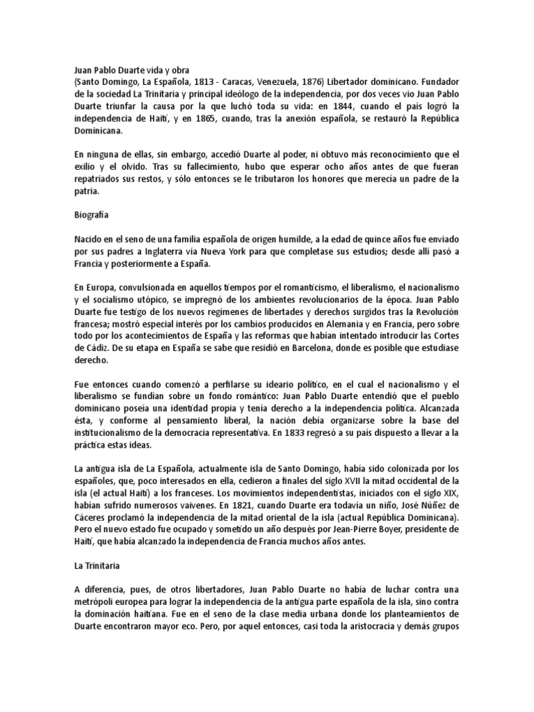 Juan Pablo Duarte Vida y Obra | PDF | República Dominicana | Haití