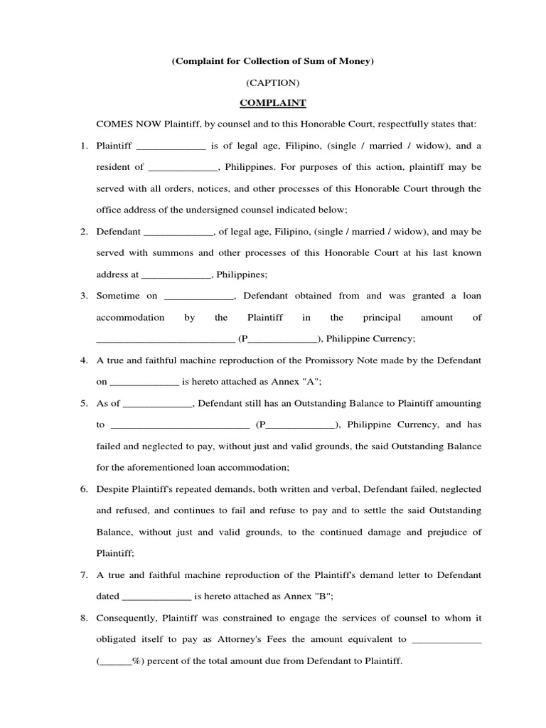 Complaint For Collection of Sum of Money | PDF | Lawsuit | Legal Concepts
