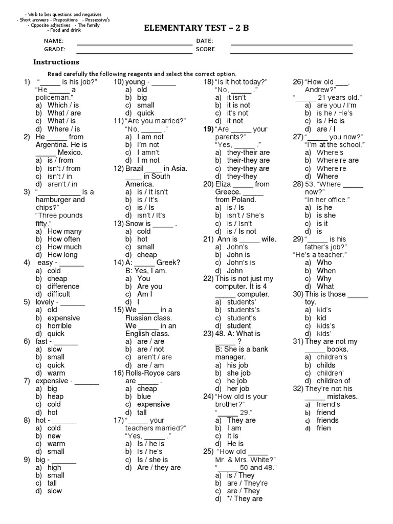 Elementary Test 2 B | PDF | Languages | Language Arts & Discipline