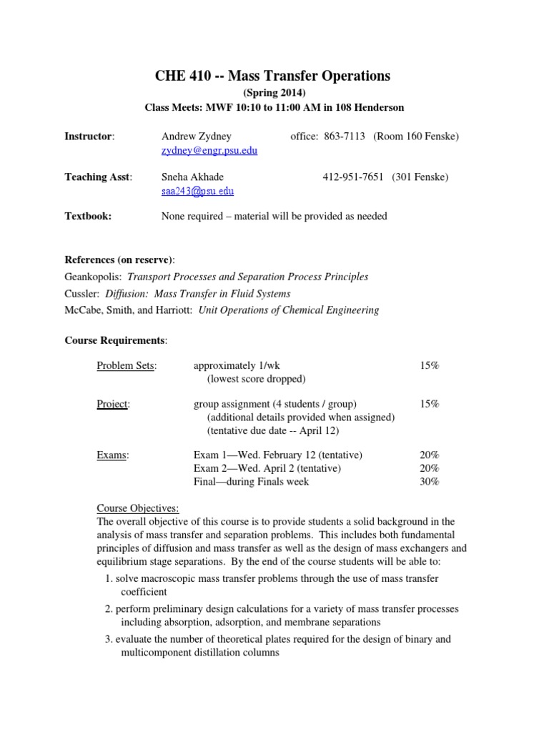 CHE 410-Syllabus | PDF | Diffusion | Mass Transfer