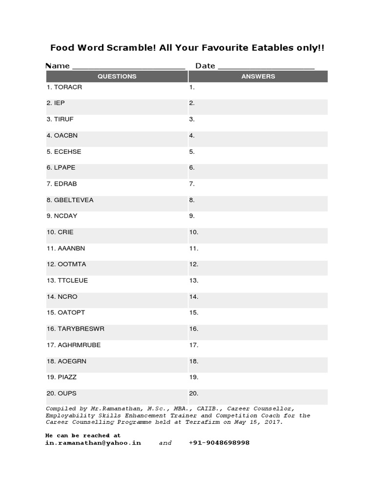 Food Word Scramble Worksheet | PDF | Cuisine | Cooking