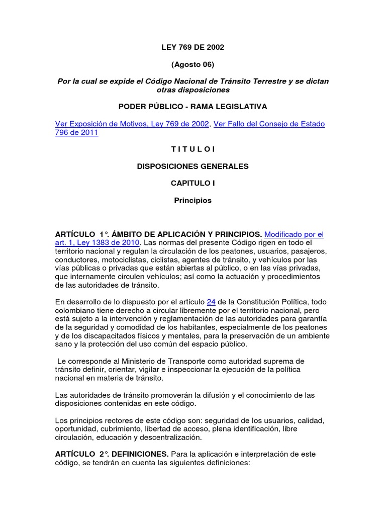 Codigo Nacional de Tránsito LEY 769 de 2002 | PDF | Peatonal | Licencia ...