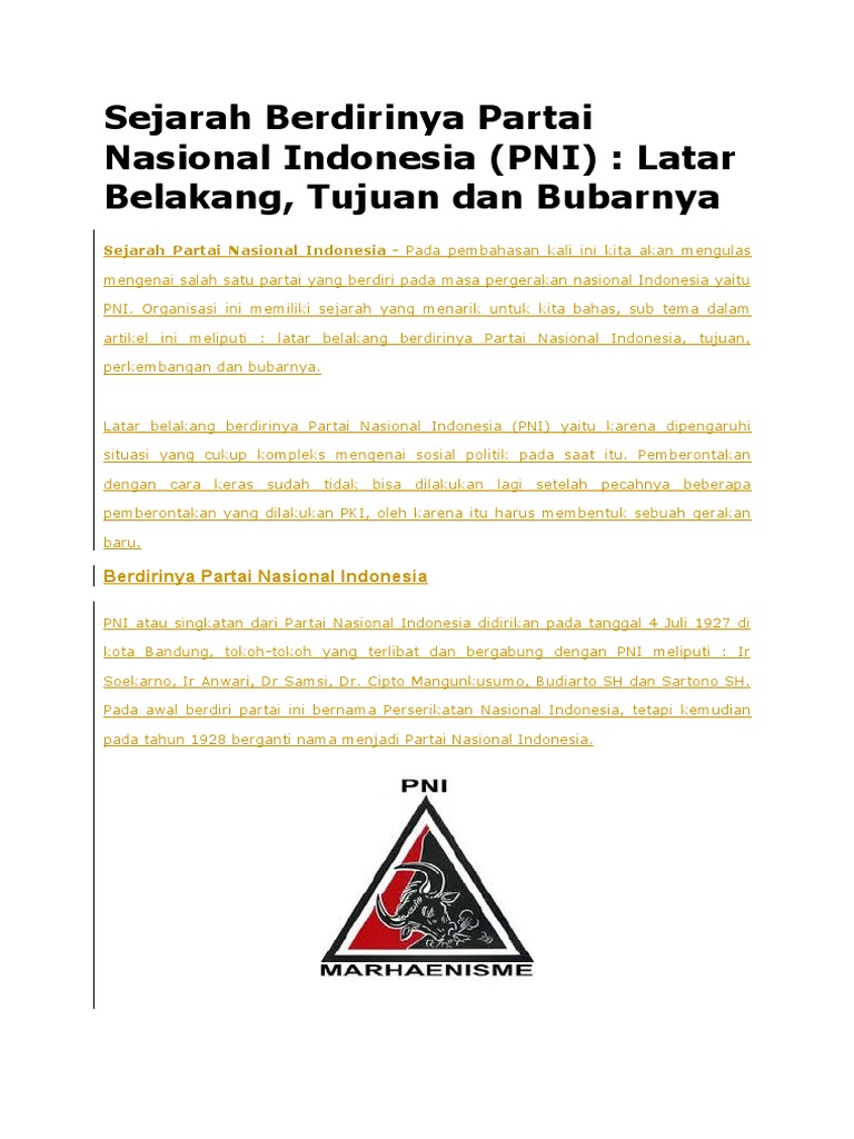 Sejarah Berdirinya Partai Nasional Indonesia | PDF | Politik | Sejarah