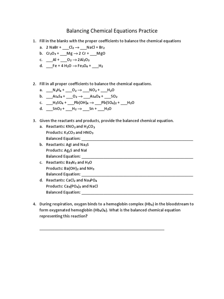 Balancing Chemical Equations Practice Formative Assessment | PDF ...