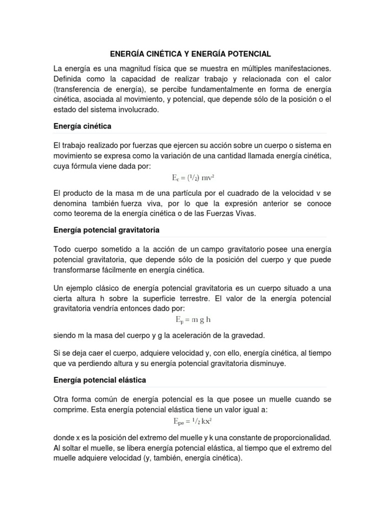 Energía Cinética y Energía Potencial | PDF | Energía potencial | Gravedad