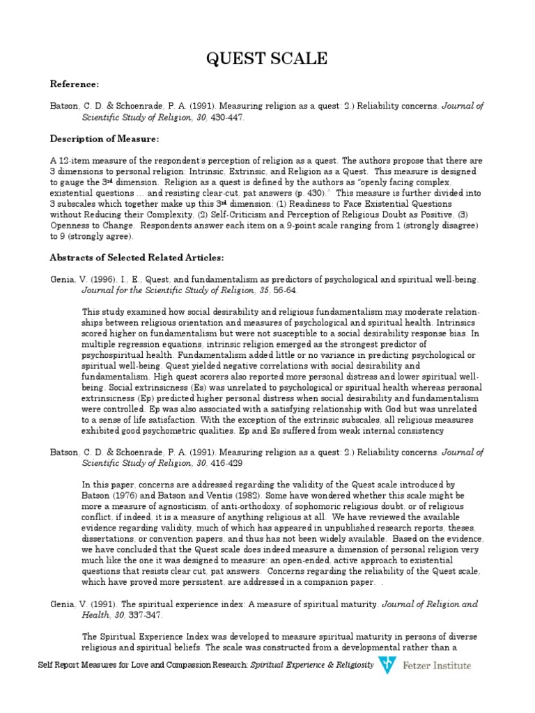 Quest Scale: Scientific Study of Religion, 30, 430-447 | PDF ...