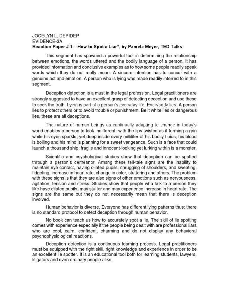 Reaction Paper # 1-"How To Spot A Liar", by Pamela Meyer, TED Talks ...