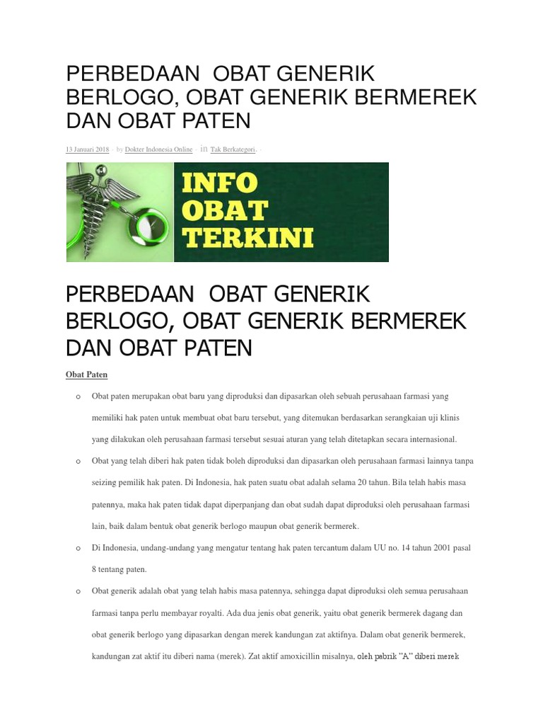 Perbedaan Obat Generik Berlogo, Obat Generik Bermerek Dan Obat Paten | PDF