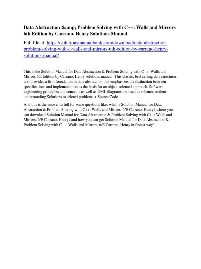 Data Abstraction & Problem Solving With C++: Walls and Mirrors 6th Edition by Carrano, Henry ...