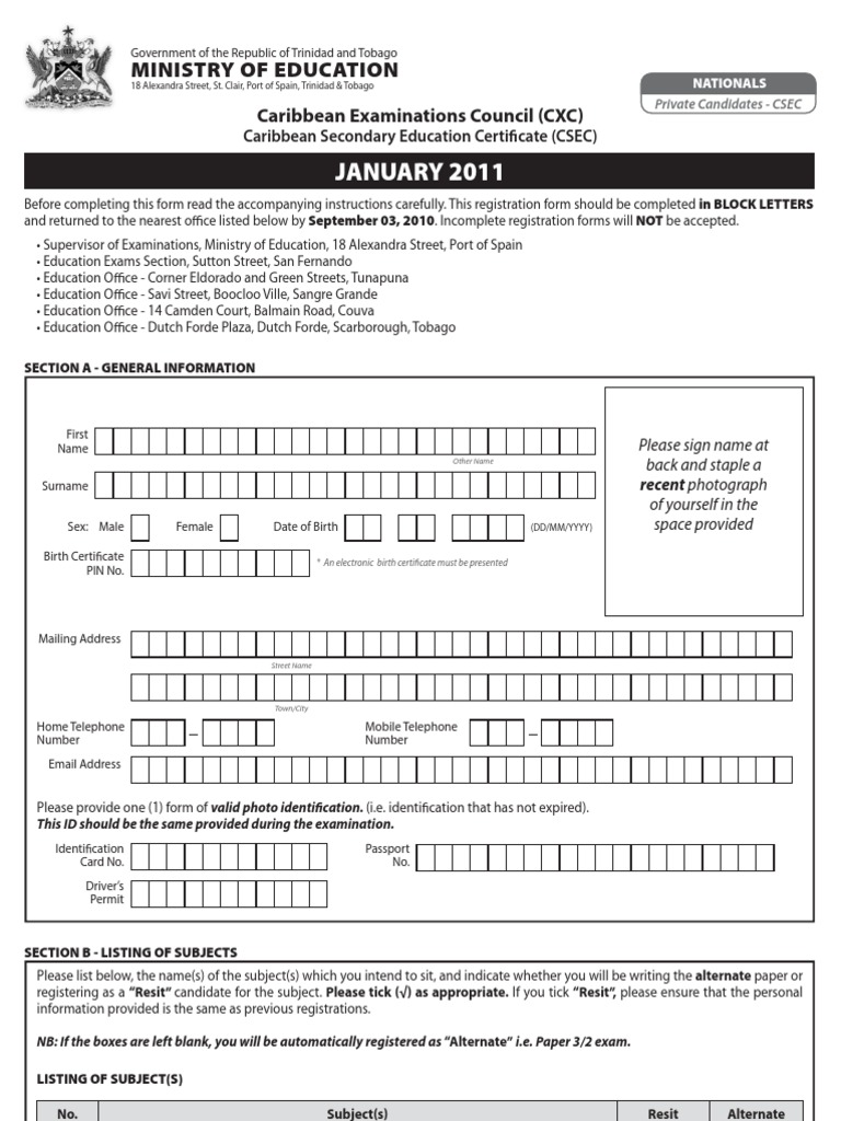 CXC Application Form Private CSEC JAN | PDF | Identity Document ...