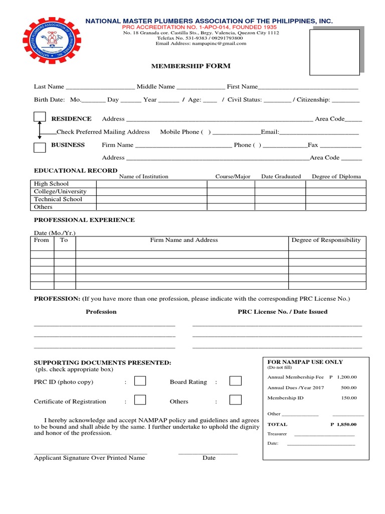 Nampap Membership Form | PDF | Business
