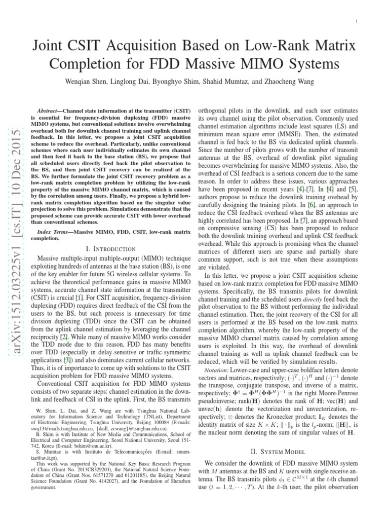 Joint CSIT Acquisition Based On Low-Rank Matrix Completion For FDD Massive MIMO Systems | PDF ...