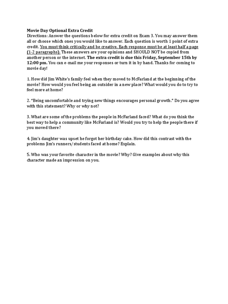 Extra Credit Questions for Movie Day | PDF | Self-Improvement