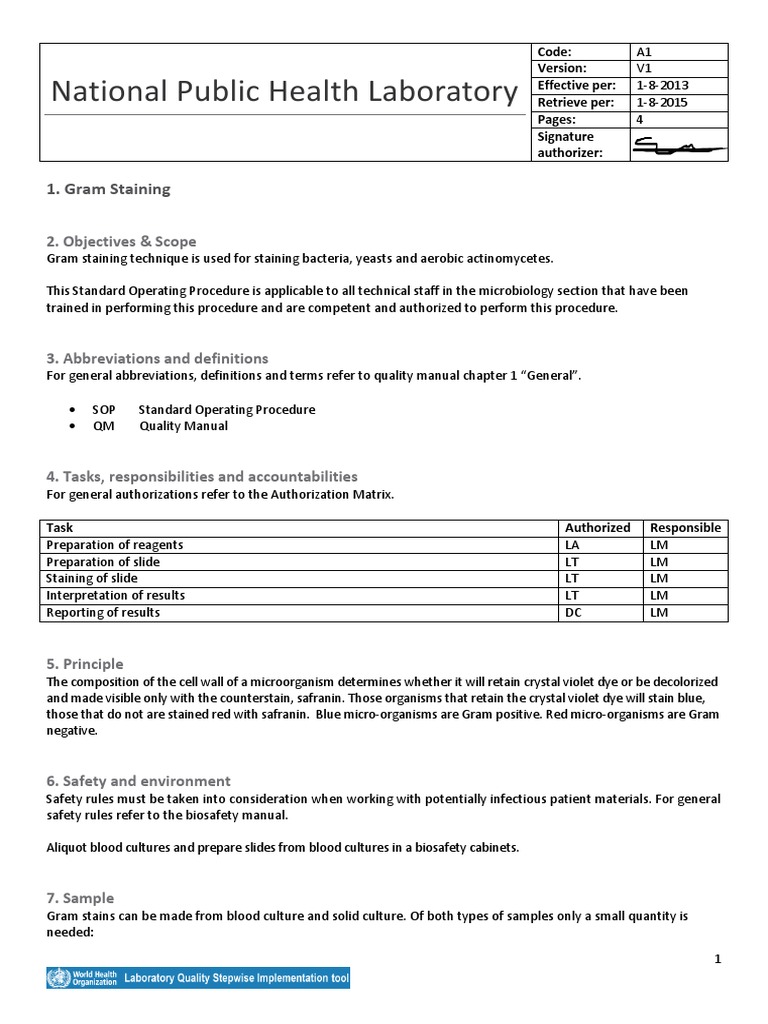 SOP of Gram Stain | PDF | Staining | Gram Positive Bacteria