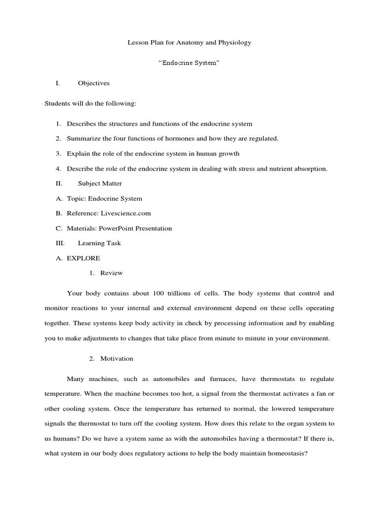 Lesson Plan For Anatomy and Physiology | PDF | Endocrine System | Hormone