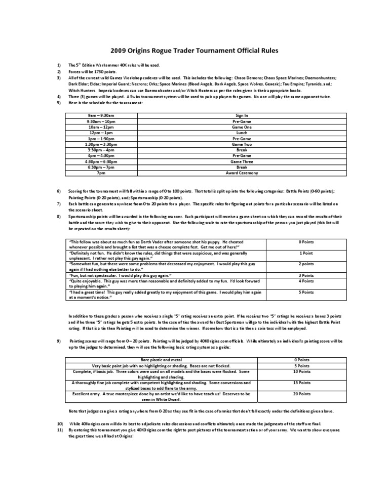 2009 Origins Rogue Trader Tournament Official Rules | PDF | Space Opera ...