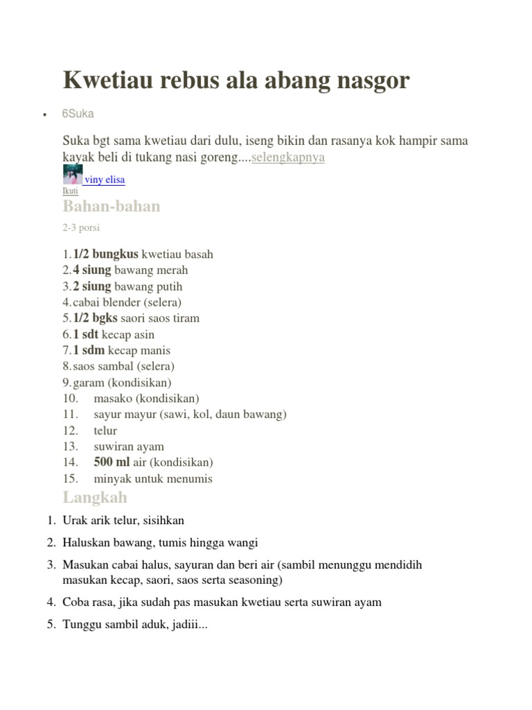 Kwetiau Rebus Ala Abang Nasgor | PDF