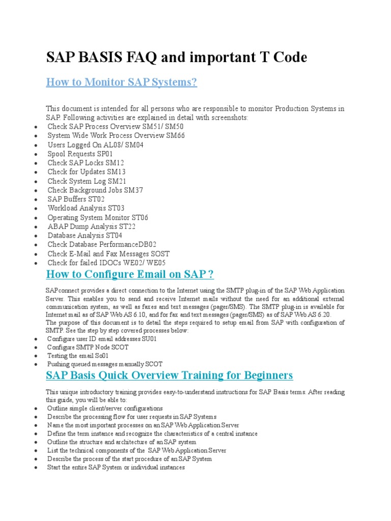 SAP BASIS FAQ and Important T Code | PDF | Command Line Interface ...