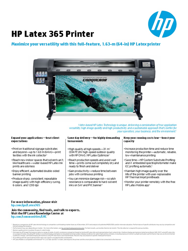 HP Latex 365 Printer Datasheet | PDF | Printer (Computing) | Hewlett ...