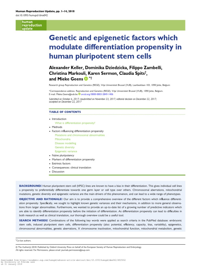 Genetic and Epigenetic Factors Which Modulate Differentiation Propensity in Human Pluripotent ...