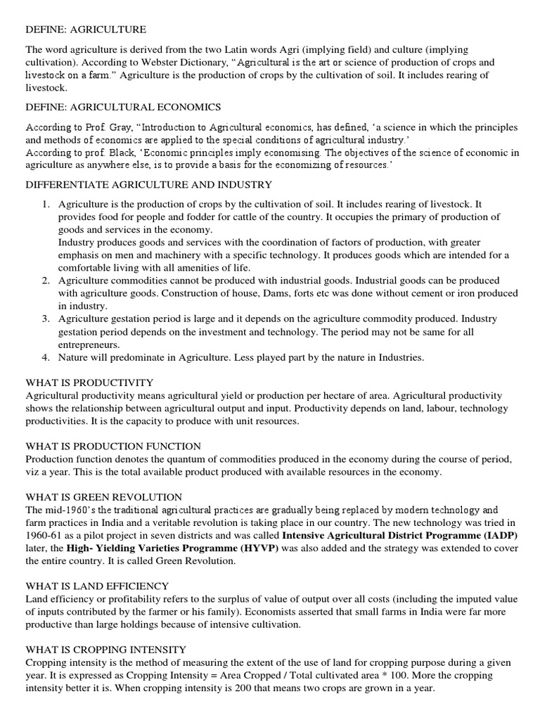 Agricultural Economics 2 Marks | PDF | Agricultural Productivity ...