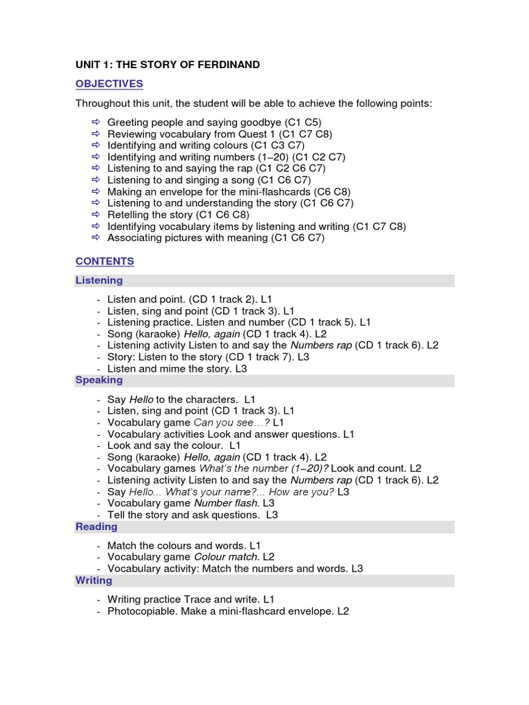 Objectives: Unit 1: The Story of Ferdinand | PDF | Second Language ...