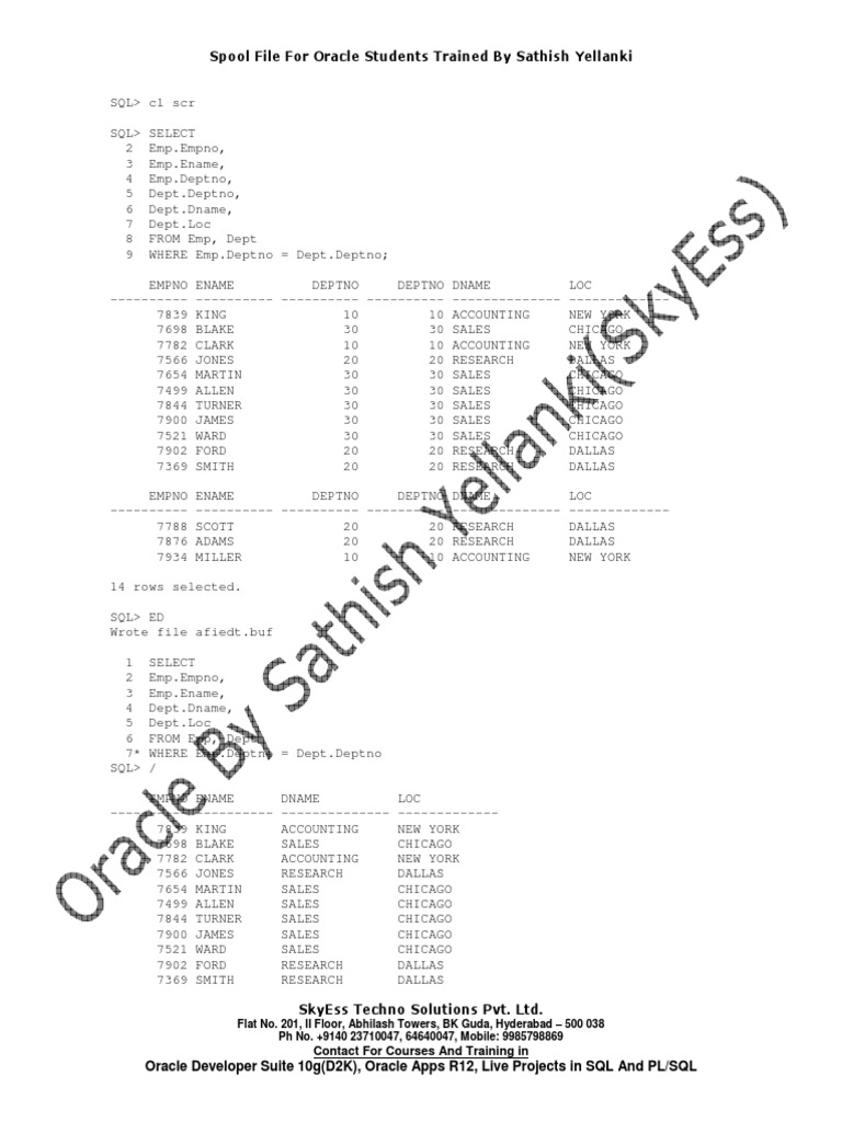 Spool File For Oracle Students Trained by Sathish Yellanki | PDF ...