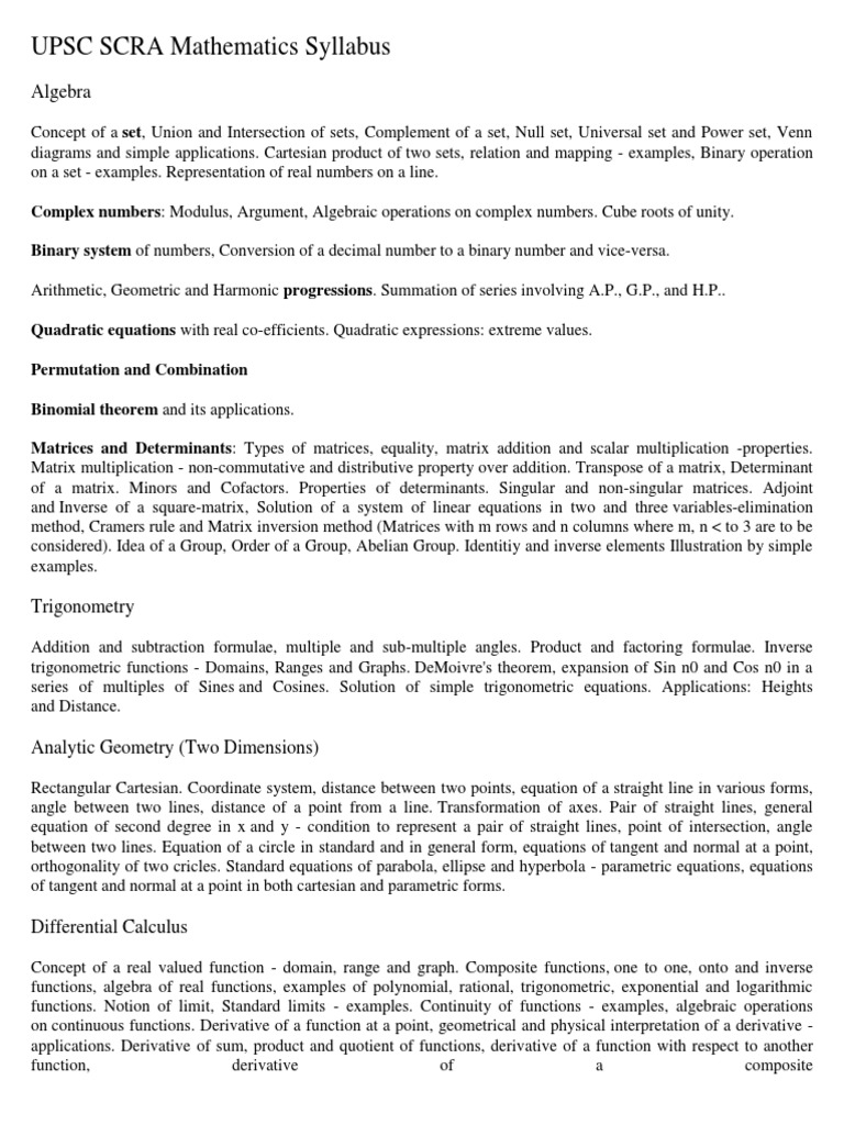 UPSC SCRA Mathematics Syllabus | PDF | Differential Calculus | Equations