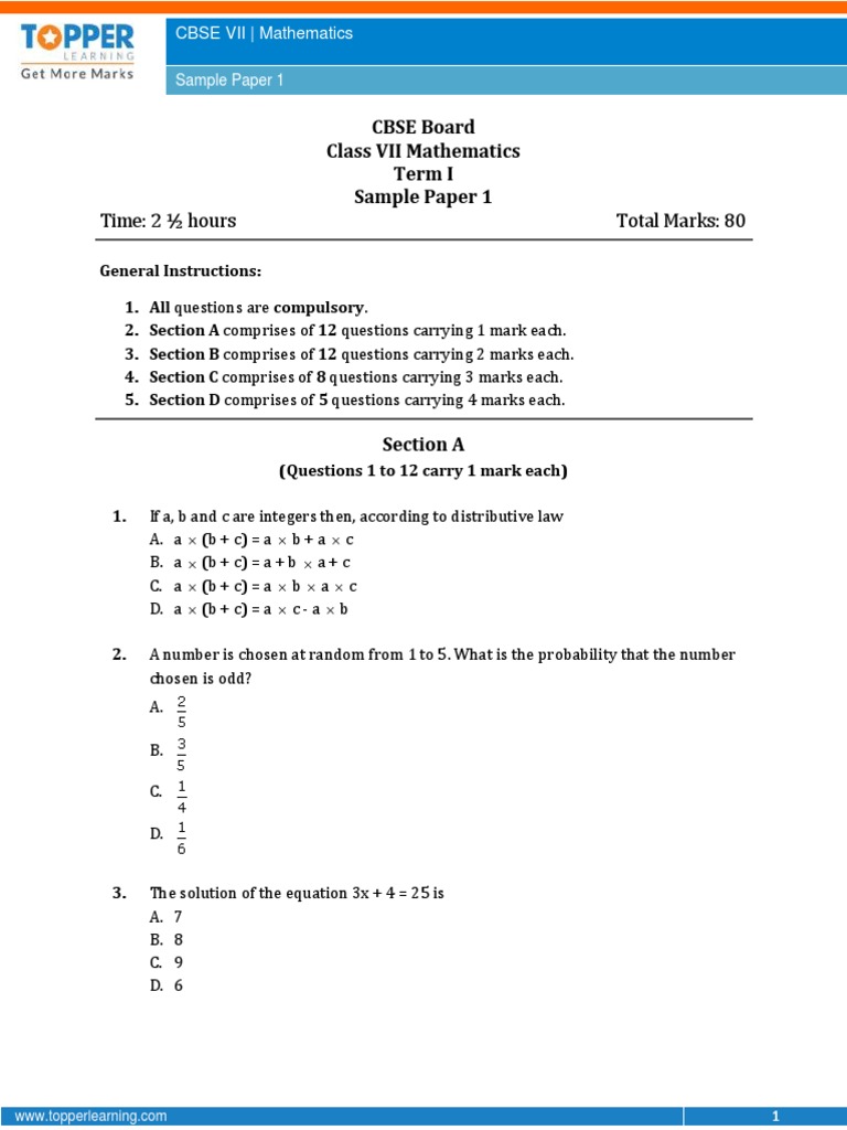 Class 7 Maths Term I Sample Paper | PDF | Triangle | Elementary Mathematics