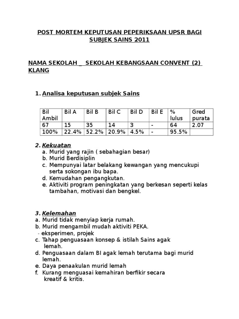 Post Mortem Keputusan Peperiksaan Upsr Bagi Subjek Sains | PDF
