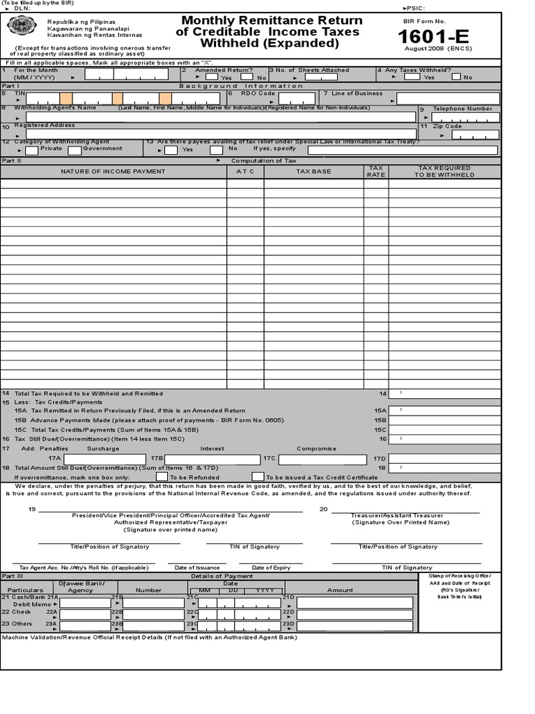 1601E Monthly Remittance Return of Creditable Income Taxes Withheld ...