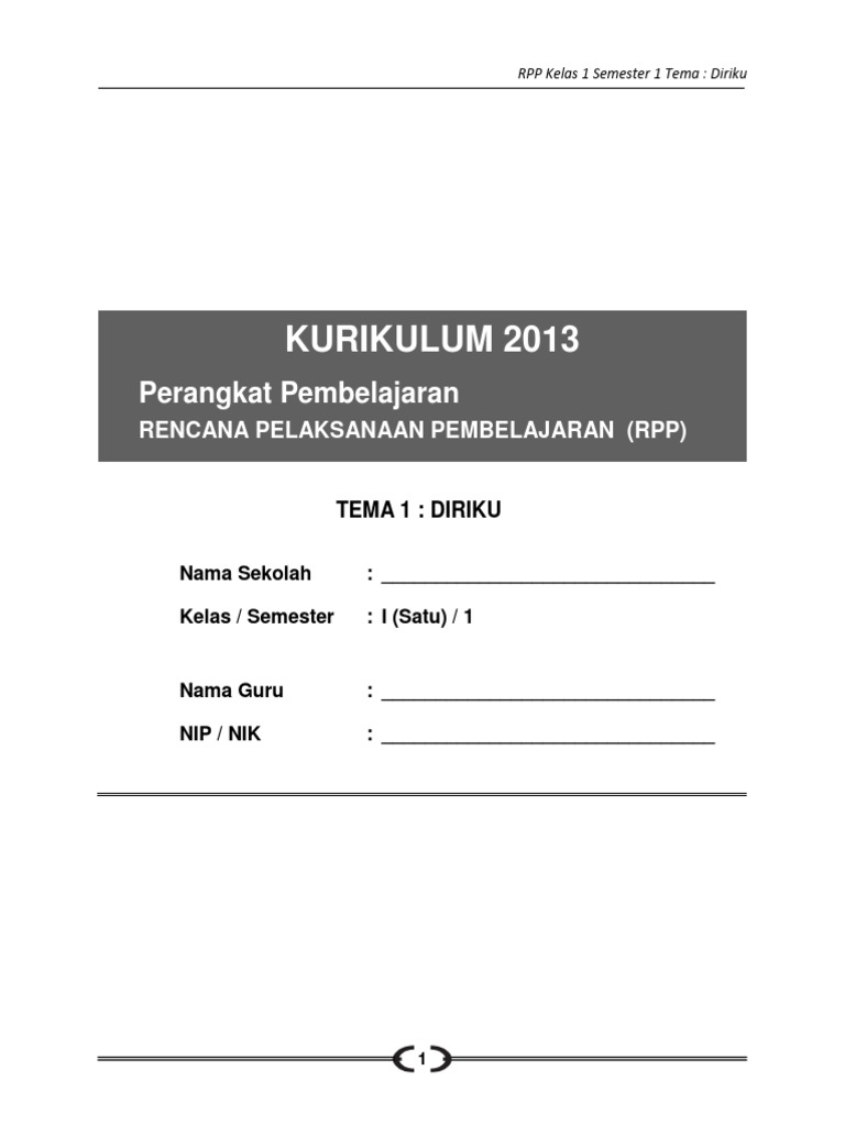 Contoh RPP SD Kelas 1 Semester 1 - Diriku | PDF