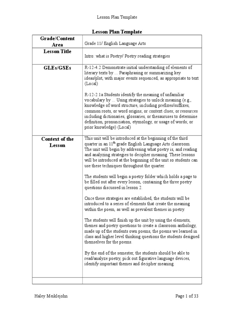 Poetry Lesson Plan for 11th Grade | PDF | Reading Comprehension ...