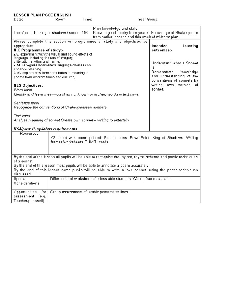 2 Lesson Plan On Sonnets | PDF | Sonnets | Shakespeare's Sonnets